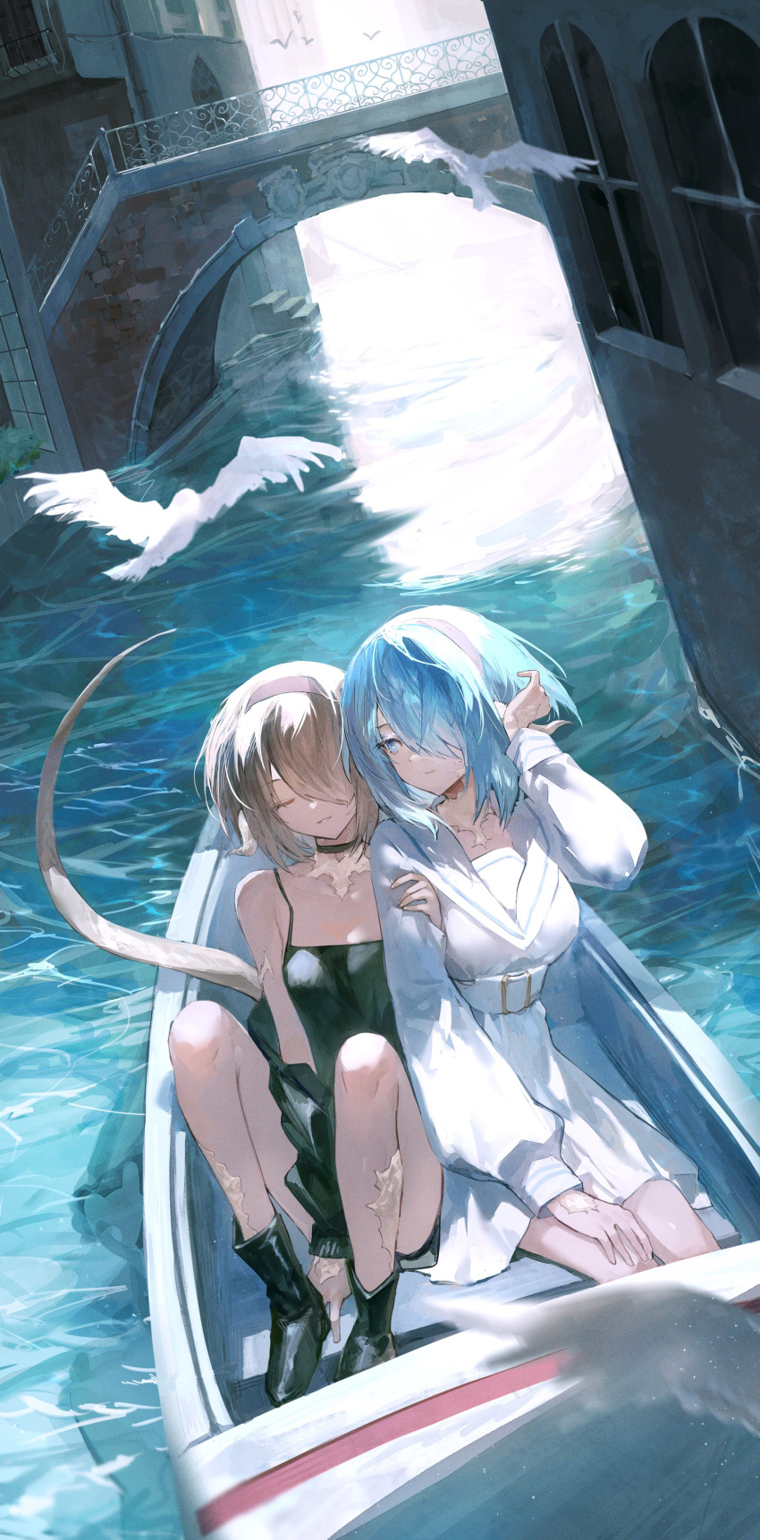 Safebooru - 2girls absurdres au ra blonde hair blue eyes blue hair boat dragon girl dragon horns ...