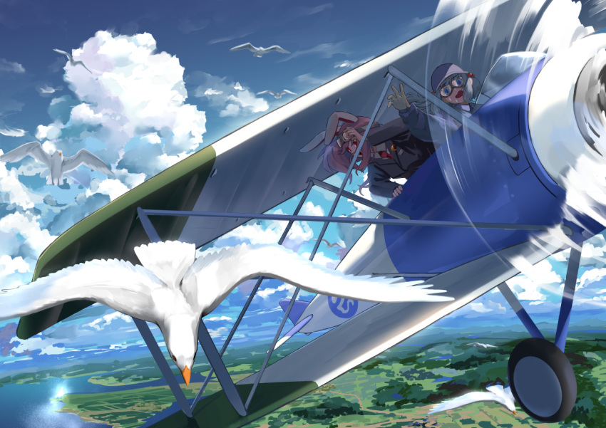 Safebooru - aircraft airplane animal ears biplane blazer blue eyes blue ...