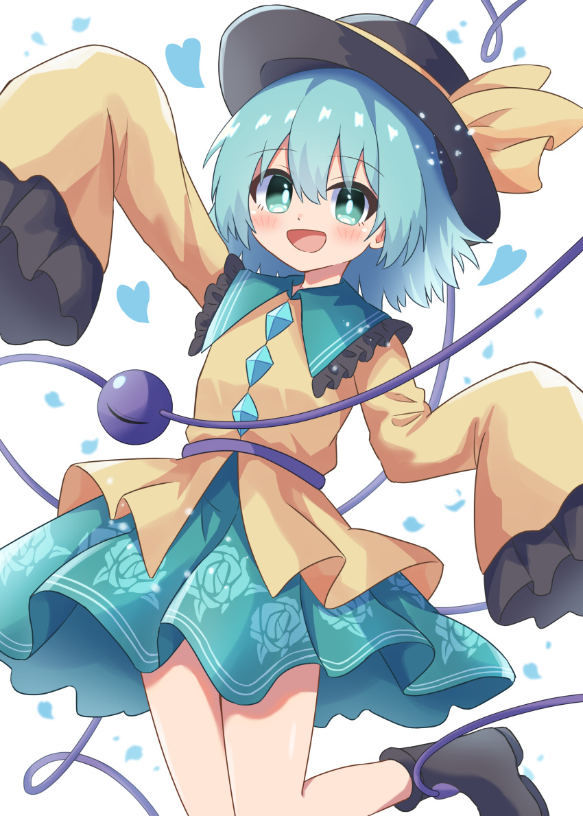 Safebooru - 1girl :d absurdres aqua eyes aqua hair aqua skirt arm up bare legs black footwear ...