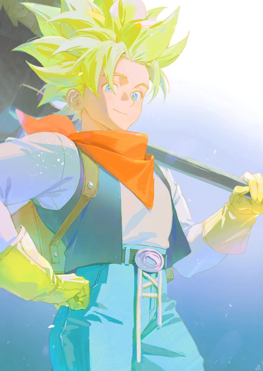 Safebooru - 1boy absurdres backpack bag black vest blonde hair blue eyes blue pants brown bag ...