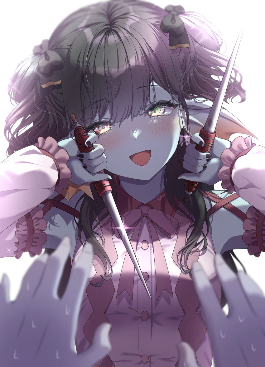 Safebooru - 1girl 1other aqua skin black bow black hair black nails blood blood stain blunt ...