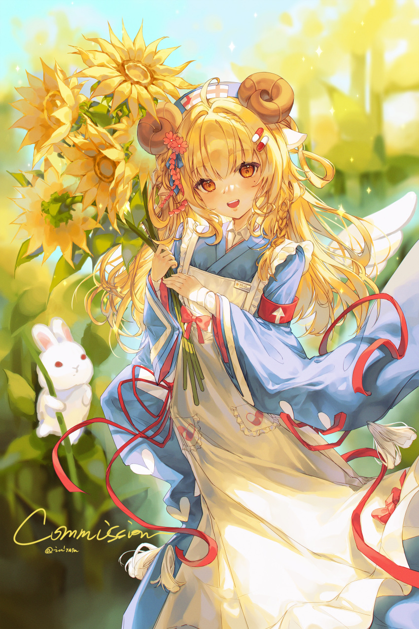 Safebooru - 1girl :d absurdres ahoge animal animal ears apron armband bandaged arm bandages ...