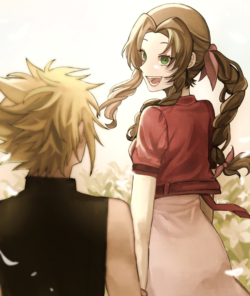 Safebooru - 1boy 1girl aerith gainsborough bangle biixeu blonde hair blurry blurry background ...