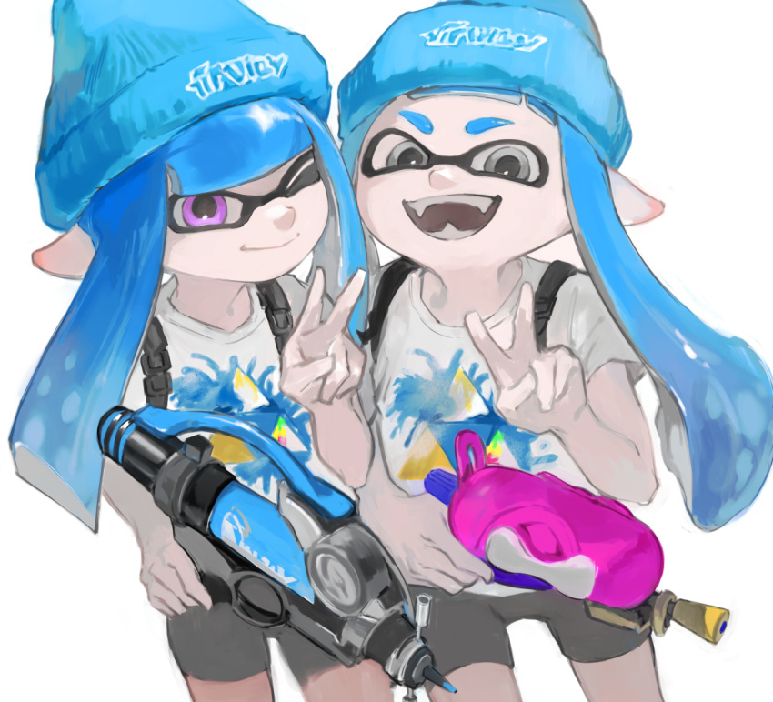 Safebooru - 2girls :d ;) beanie bike shorts black shorts blue hair blue hat closed mouth fangs ...