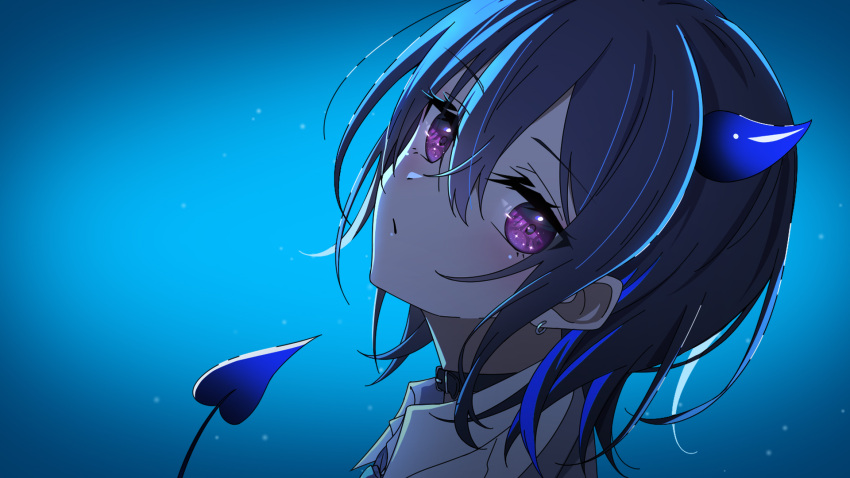 Safebooru - 1girl black collar black hair blue background blue hair blue horns blue tail closed ...