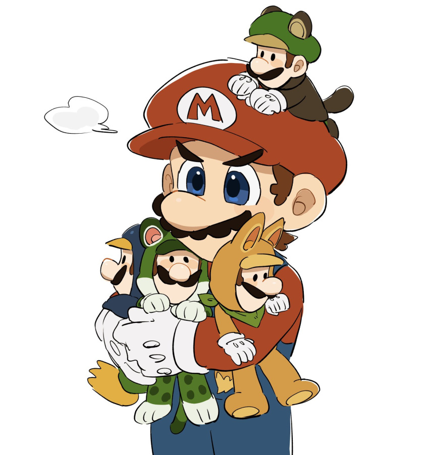 Safebooru - 2boys blue eyes blue overalls brown hair cat luigi chibi ...