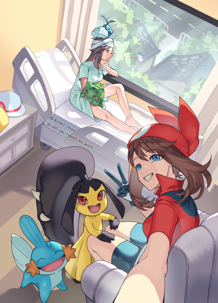 Safebooru - ariekochan bandana bed black shorts blue eyes bulbasaur highres hospital bed ...