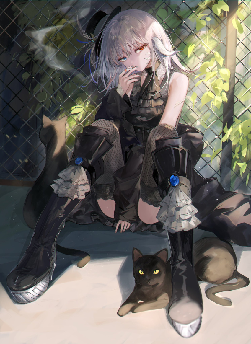 Safebooru - 1girl au ra black cat black dress black hat blue eyes cat dragon girl dragon horns ...