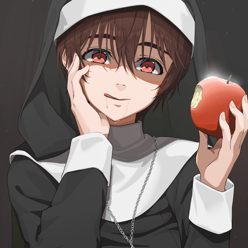 Safebooru - 1girl absurdres alternate costume apple black dress black hat brown hair cross cross ...