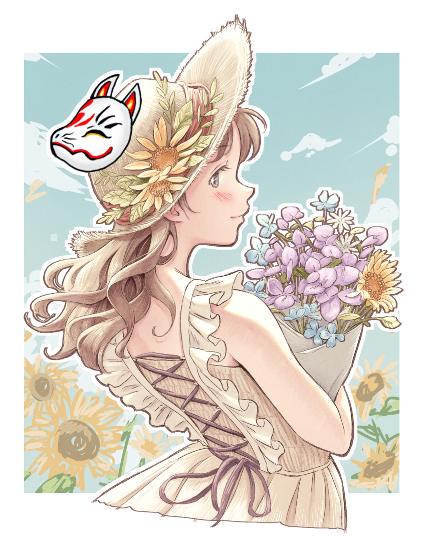 Safebooru - 1girl blush bouquet brown hair clouds cross-laced clothes ...