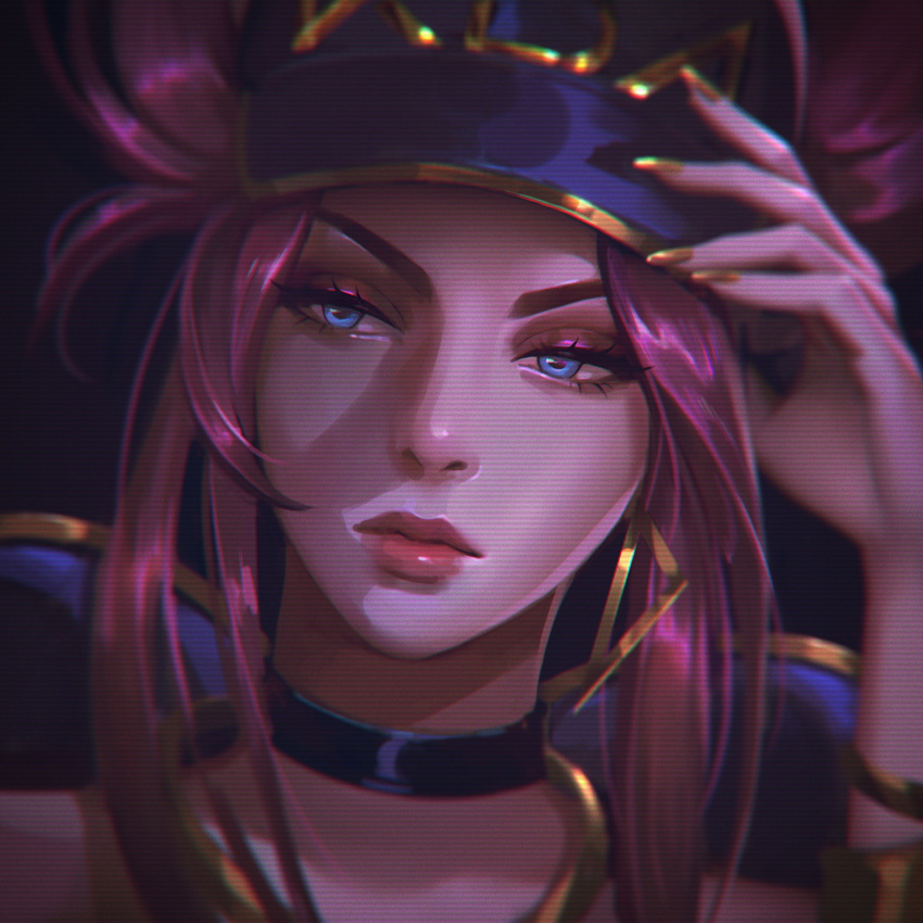 Safebooru - 1girl akali black background black choker blue eyes choker closed mouth commentary ...