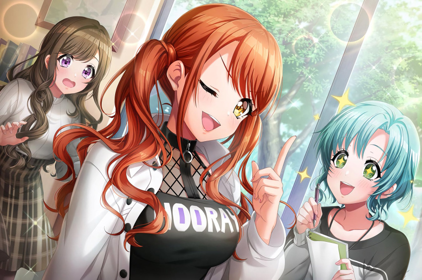 Safebooru - blue eyes blush d4dj dress long hair orange hair seto rika smile twintails wink ...