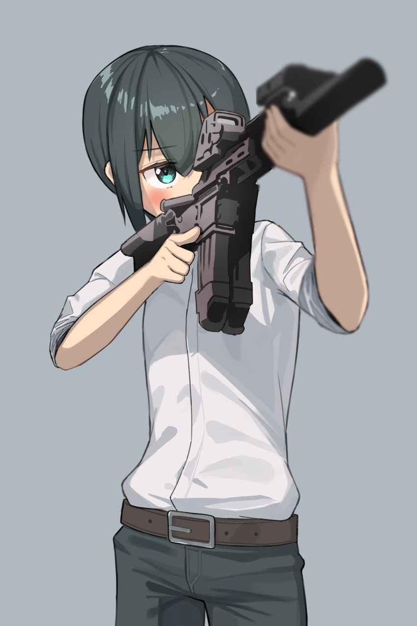 Safebooru - 1girl absurdres aiming akts625 androgynous assault rifle belt belt buckle blue eyes ...