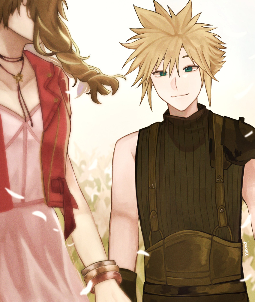 Safebooru - 1boy 1girl aerith gainsborough aqua eyes armor bangle belt biixeu black gloves ...