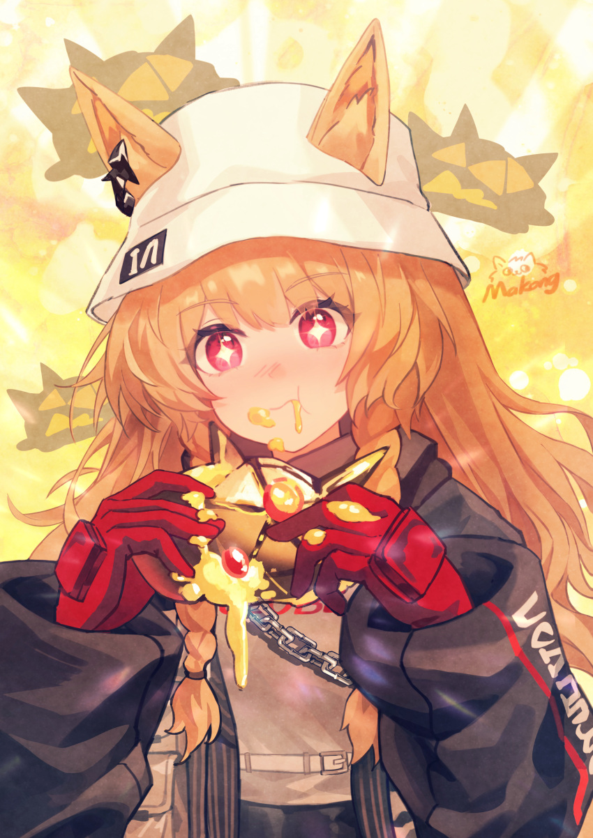 Safebooru - 1girl absurdres animal ears arknights black jacket braid brown hair bucket hat ceobe ...