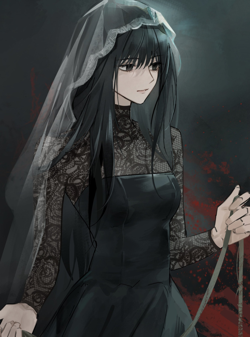 Safebooru - 1girl 41097772s absurdres black dress black hair breasts closed mouth dress fishnet ...