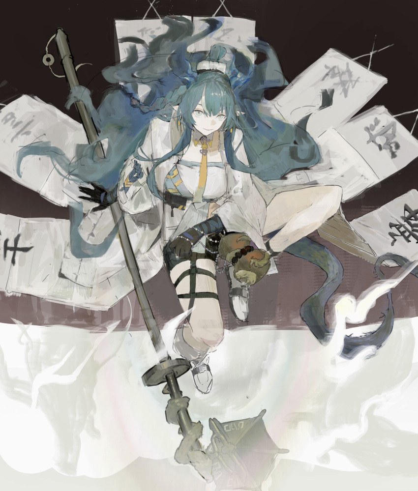 Safebooru - 1girl ankle boots arknights arm support black background black footwear black skin ...