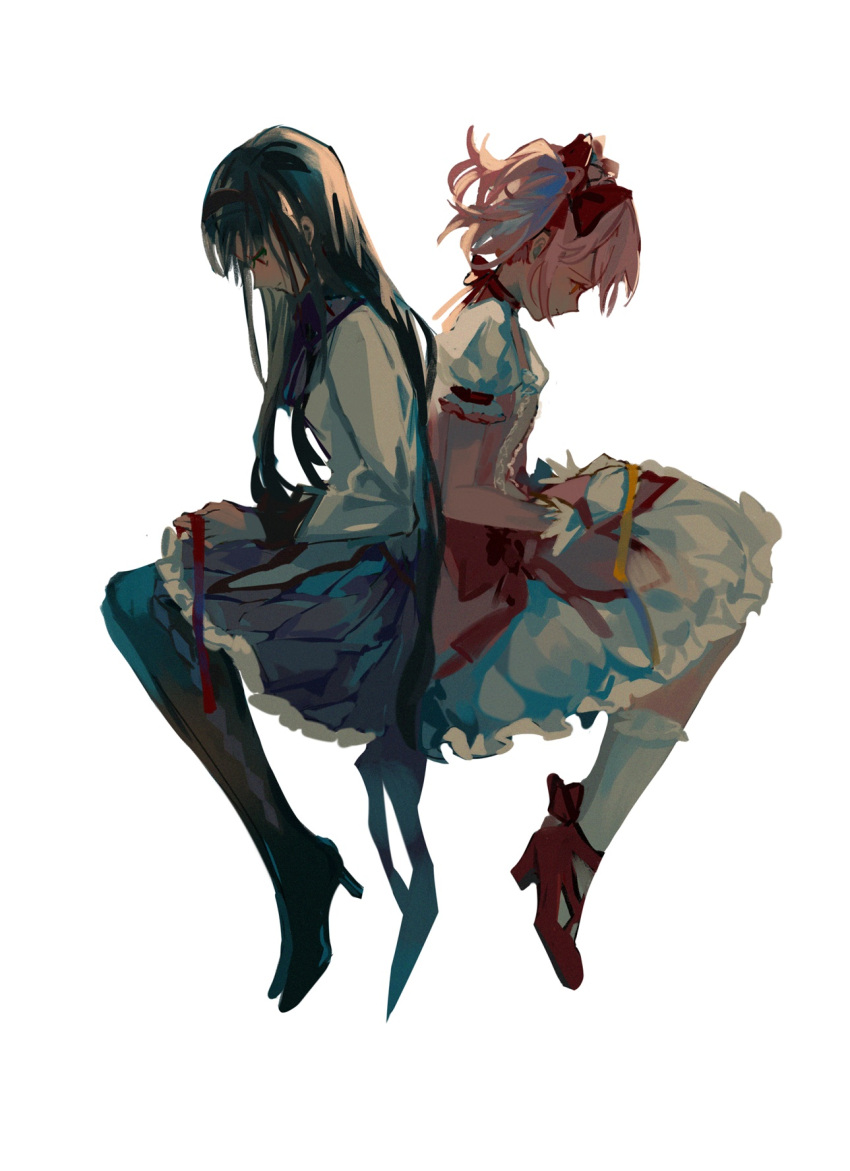 Safebooru - 2girls akemi homura back-to-back black hair black legwear boots bubble skirt dress ...