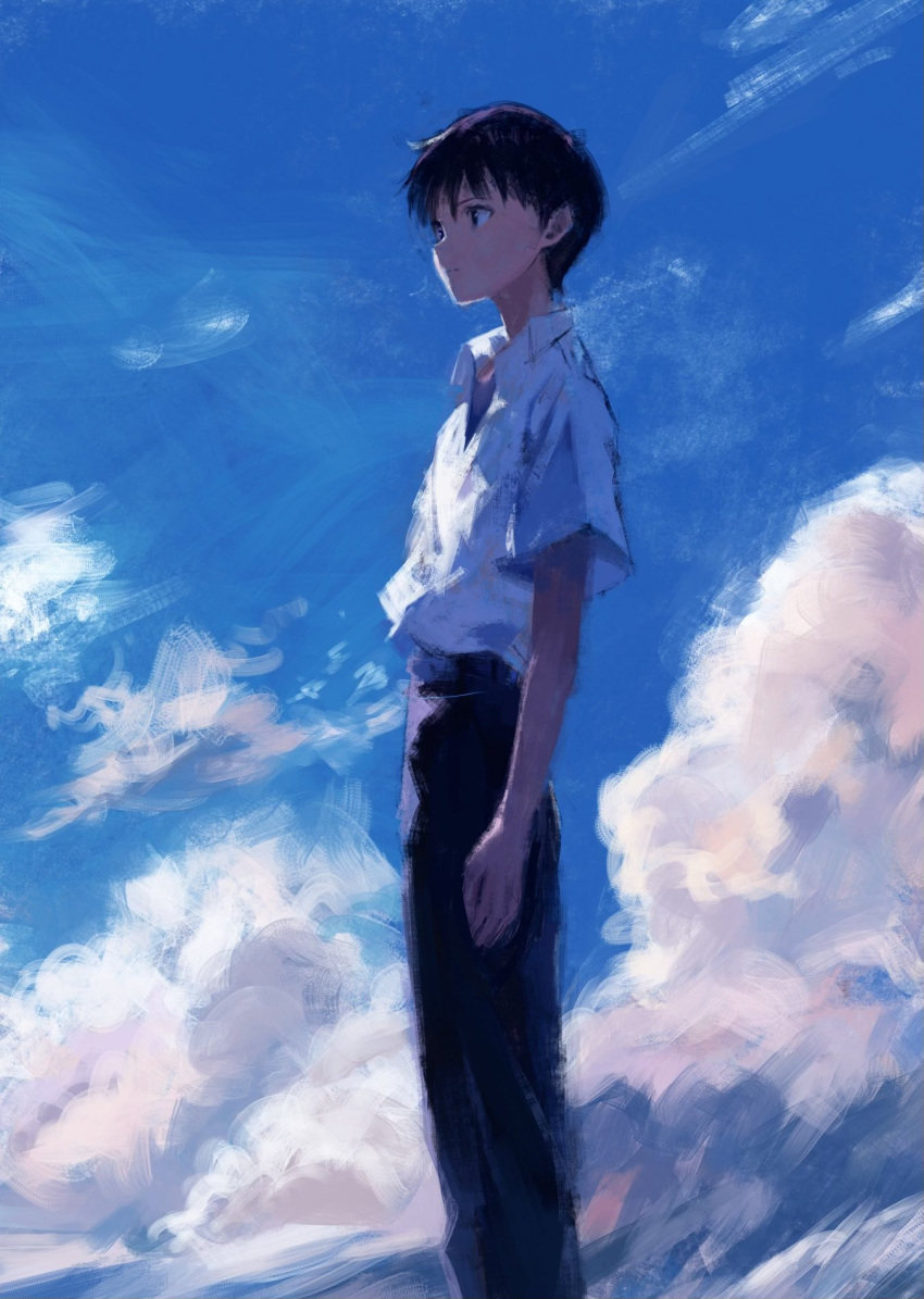 Safebooru - 1boy black hair black pants blue sky closed mouth clouds evangelion: 3.0+1.0 thrice ...