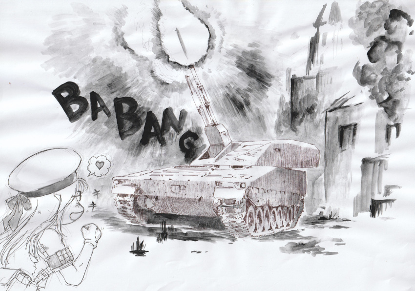 Safebooru - 1girl absurdres beret building caterpillar tracks ...