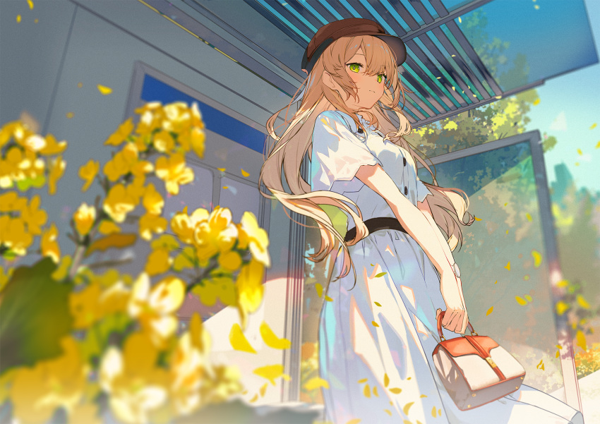 Safebooru - 1girl bag belt black belt blonde hair blue sky blurry blurry foreground brown hat ...