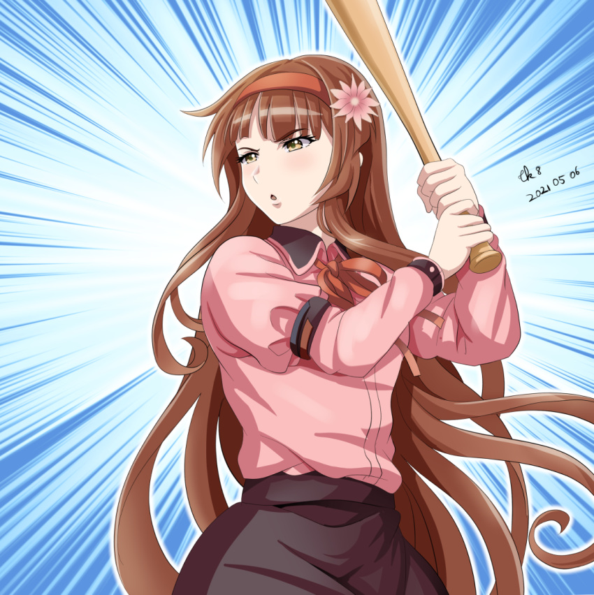 Safebooru - 1girl bangs baseball bat blunt bangs brown hair brown skirt ...