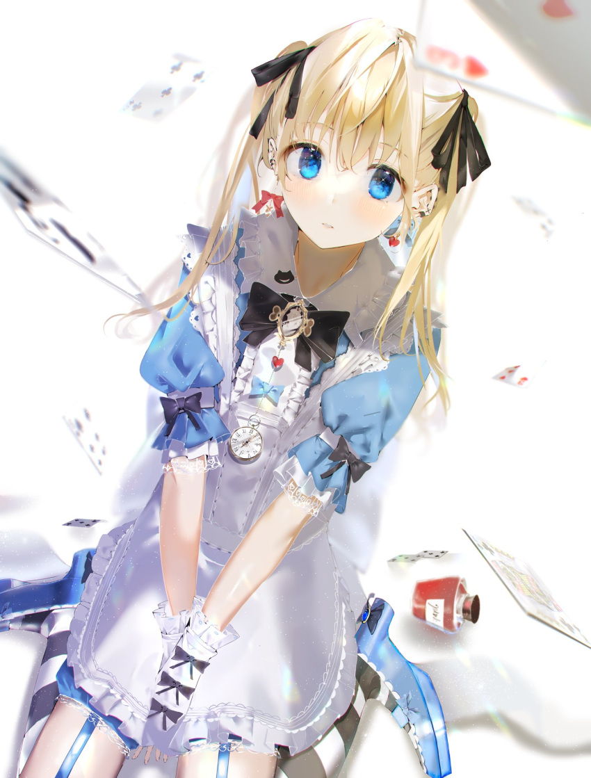 Safebooru - 1girl black ribbon blonde hair blood blue dress blue eyes blue footwear card ...