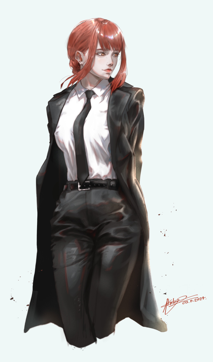 Safebooru - 1girl adam kun arts arms behind back black coat black necktie black pants chainsaw ...