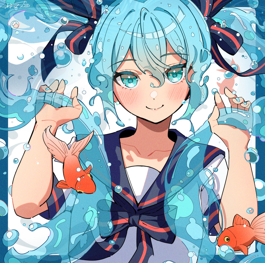 Safebooru - 1girl absurdres aqua eyes aqua nails black sailor collar blue hair blush bottle miku ...