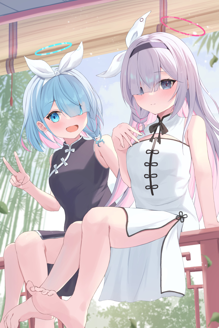 Safebooru - 2girls absurdres alternate costume arona (blue archive) bamboo barefoot black bow ...