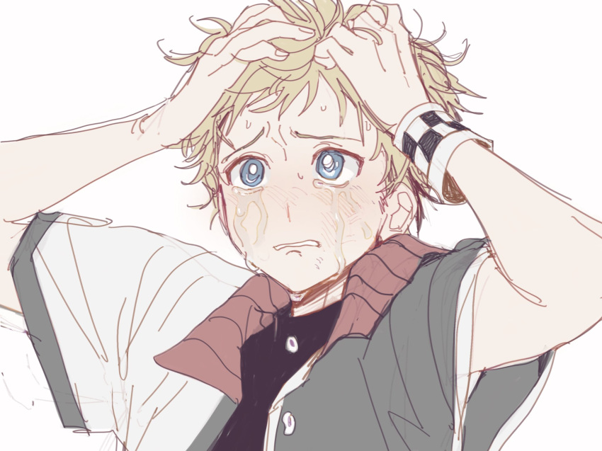 Safebooru - 1boy blonde hair blue eyes blush checkered wristband ...