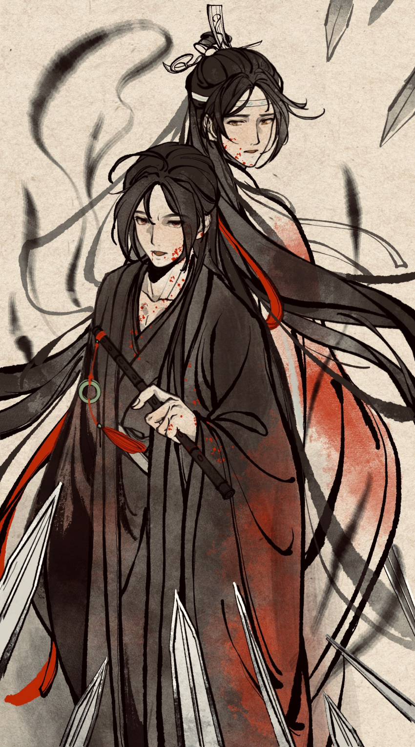 Safebooru - 2boys absurdres ahoge black hair black hanfu blood blood on clothes blood on face ...