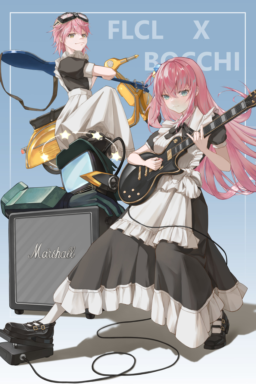 Safebooru - 2girls absurdres apron black dress black footwear blue background blue eyes bocchi ...