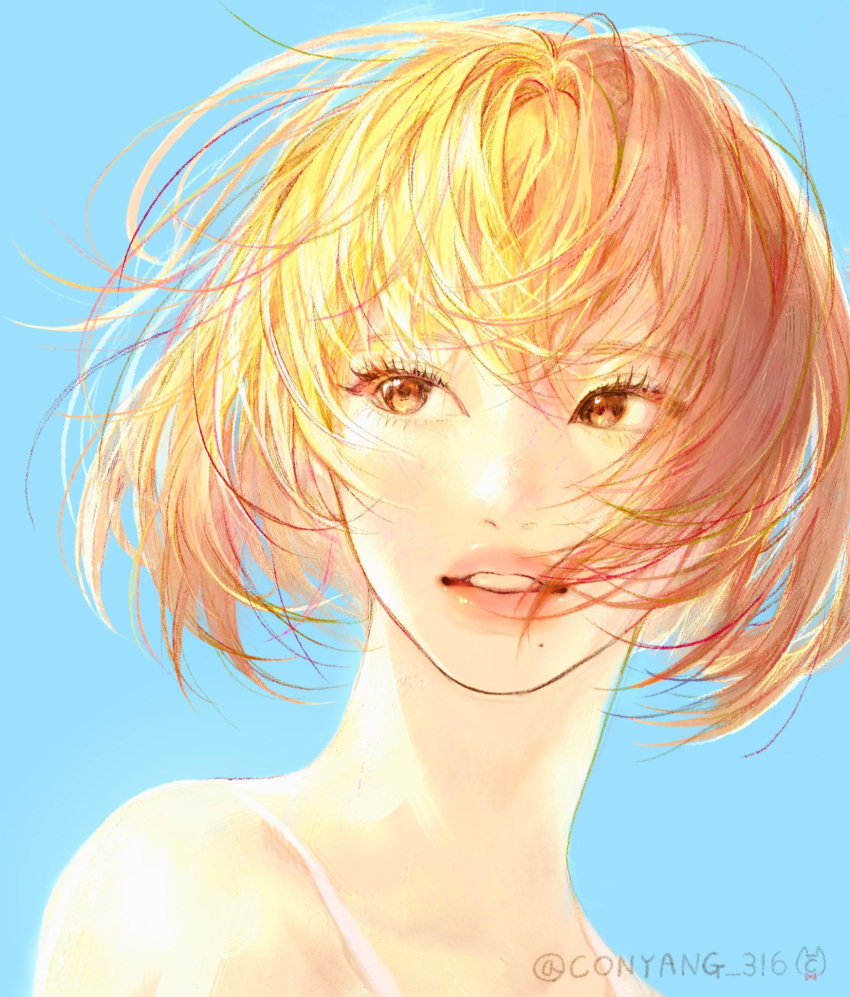 Safebooru - 1girl blue background brown hair conyang 316 eyelashes floating hair highres lips ...