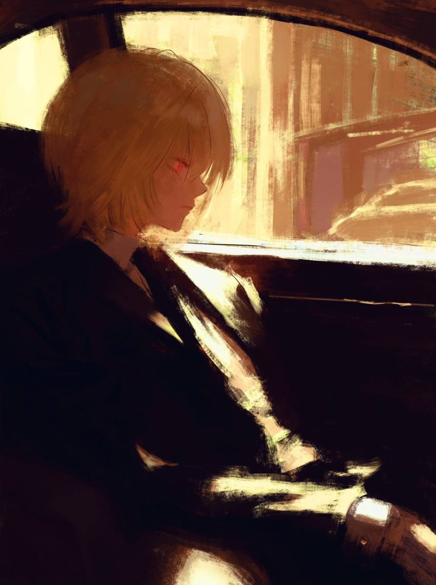 Safebooru - 1boy androgynous black jacket blonde hair building car car interior fuyumurasaki ...