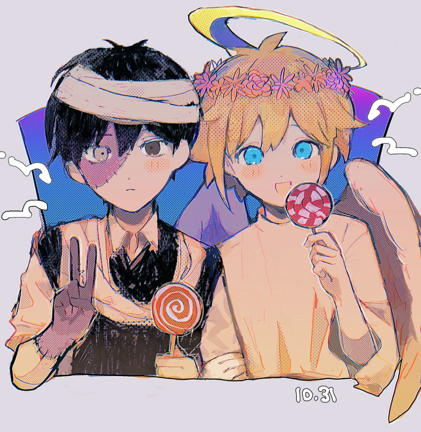 Safebooru - 2boys angel wings antenna hair bandaged head bandages basil (faraway) (omori) basil ...