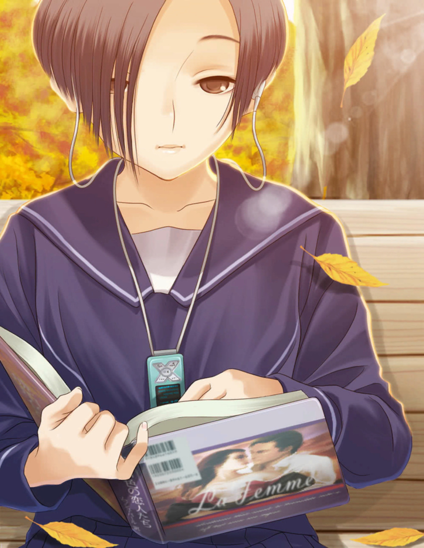 Safebooru - 1girl asymmetrical hair autumn autumn leaves bench black hair blue sailor collar ...