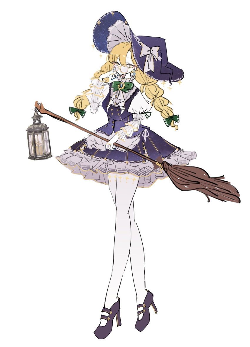 Safebooru - 1girl black footwear blonde hair braided twintails broom dress hair ribbon hat ...