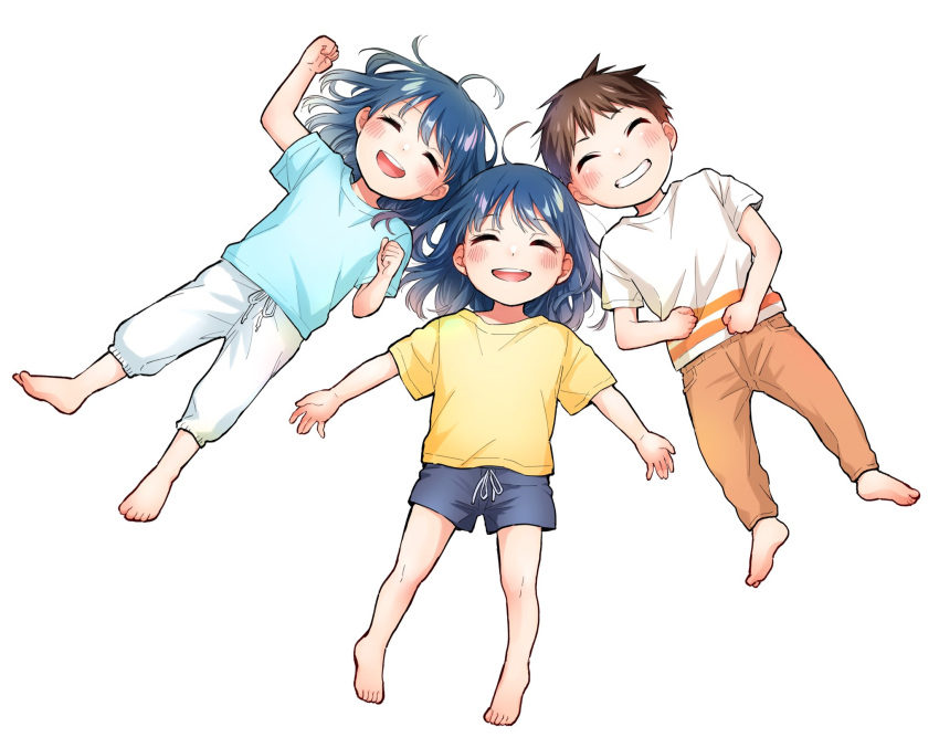 Safebooru - 1boy 2girls aged down bare legs barefoot blue hair blue shirt blue shorts blush ...