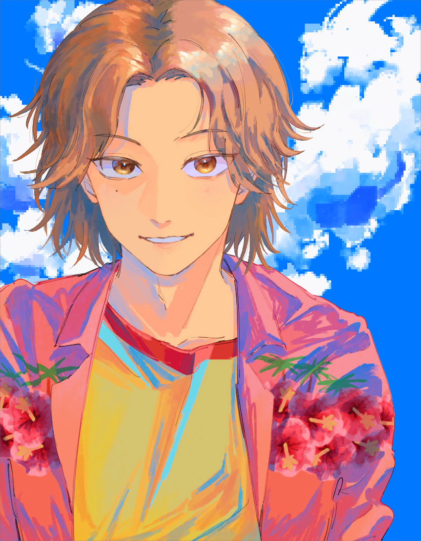 Safebooru - 1boy absurdres blue background brown eyes brown hair clouds ...