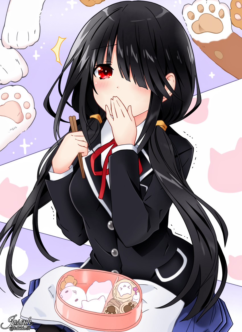 Safebooru - 1girl absurdres black hair black jacket blazer blue skirt cat chopsticks colorized ...
