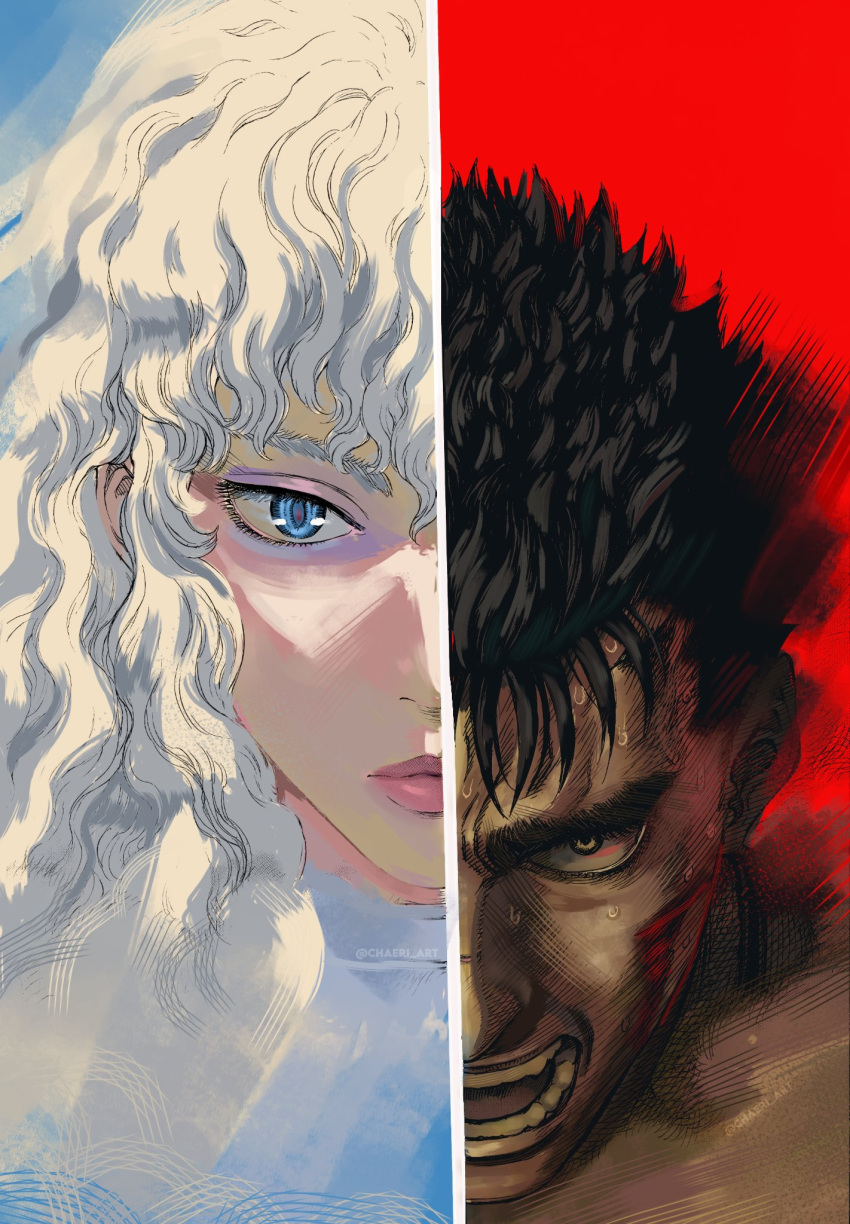 Safebooru - 2boys artist name berserk black hair blue background blue ...