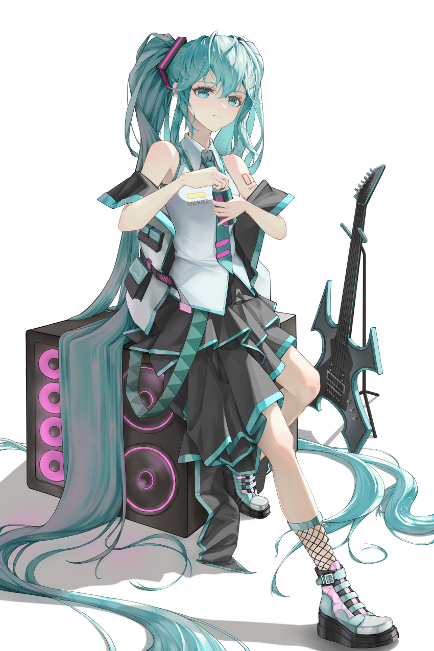 Safebooru - 1girl absurdres aqua eyes aqua footwear aqua hair aqua necktie bare arms bare ...