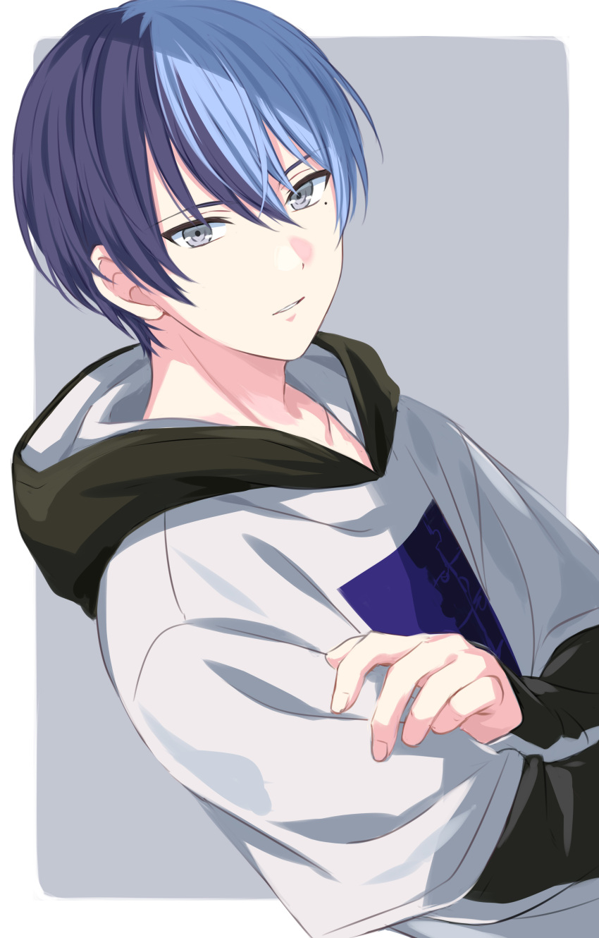 Safebooru - 1boy absurdres aoyagi touya blue hair border grey background grey eyes grey hoodie ...