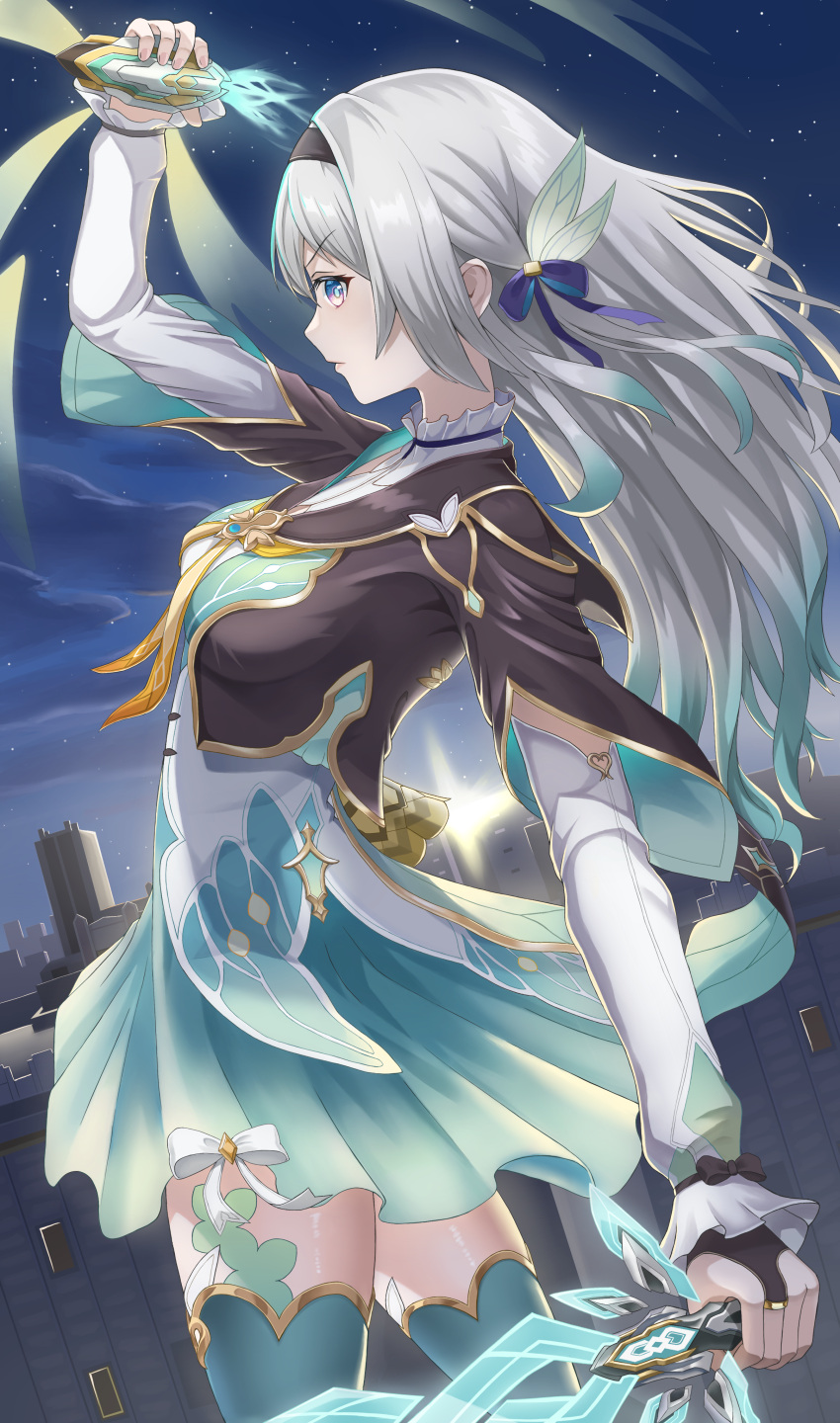 Safebooru - 1girl absurdres black hairband black jacket breasts cityscape cropped jacket firefly ...