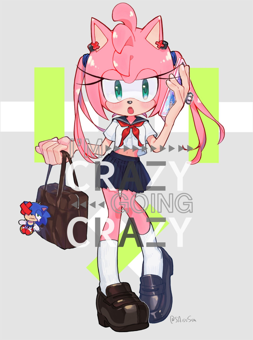 Safebooru - 1girl :o alternate costume amy rose animal ears animal nose annoyed bag blue skirt ...