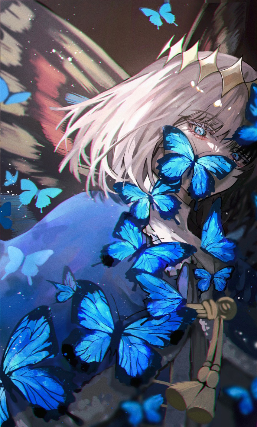 Safebooru - 1boy blue butterfly blue cloak blue eyes blurry bug ...