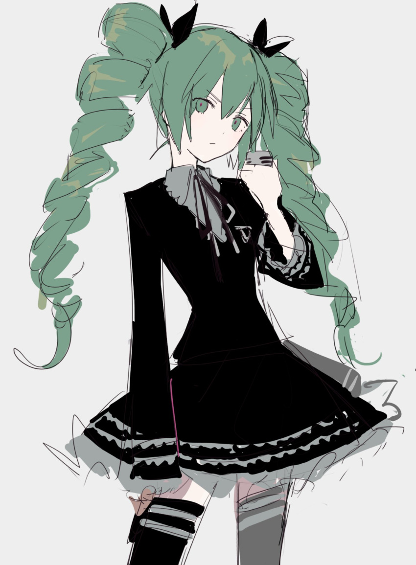 Safebooru - 1girl aqua eyes aqua hair black bow black dress black thighhighs bow dark angel ...