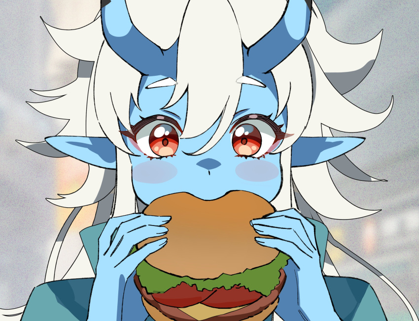 Safebooru - 1girl blue skin burger colored skin cropped eating ...