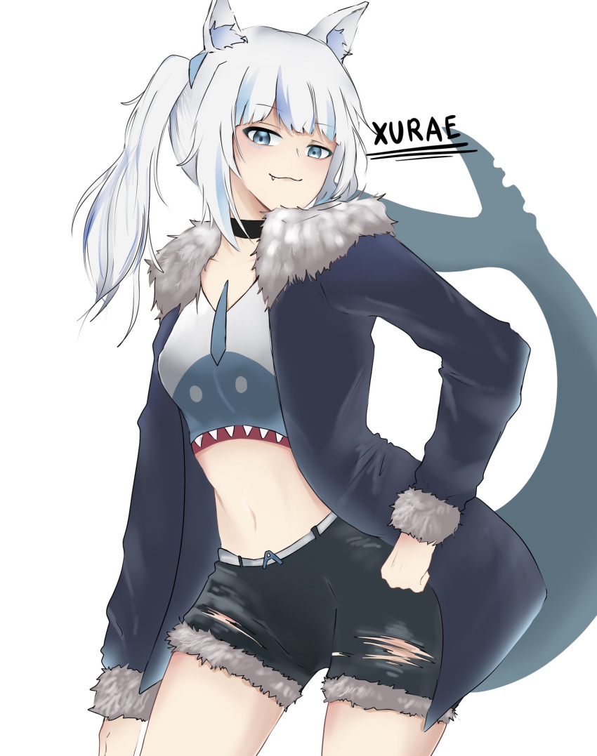 Safebooru - 1girl animal ears bangs blue eyes blue hair blush cat ears fish tail fur trim gawr ...